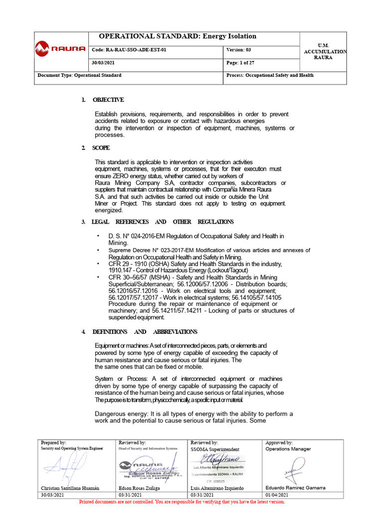 01. RA RAU SSO ADE EST 01 Energy Isolation | PDF | Occupational Safety And Health