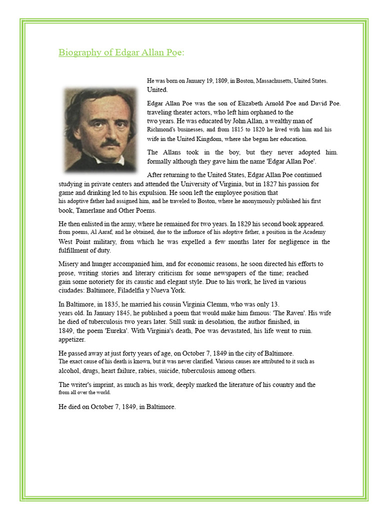 Biography of Edgar Allan Poe | PDF | Edgar Allan Poe | Short Stories
