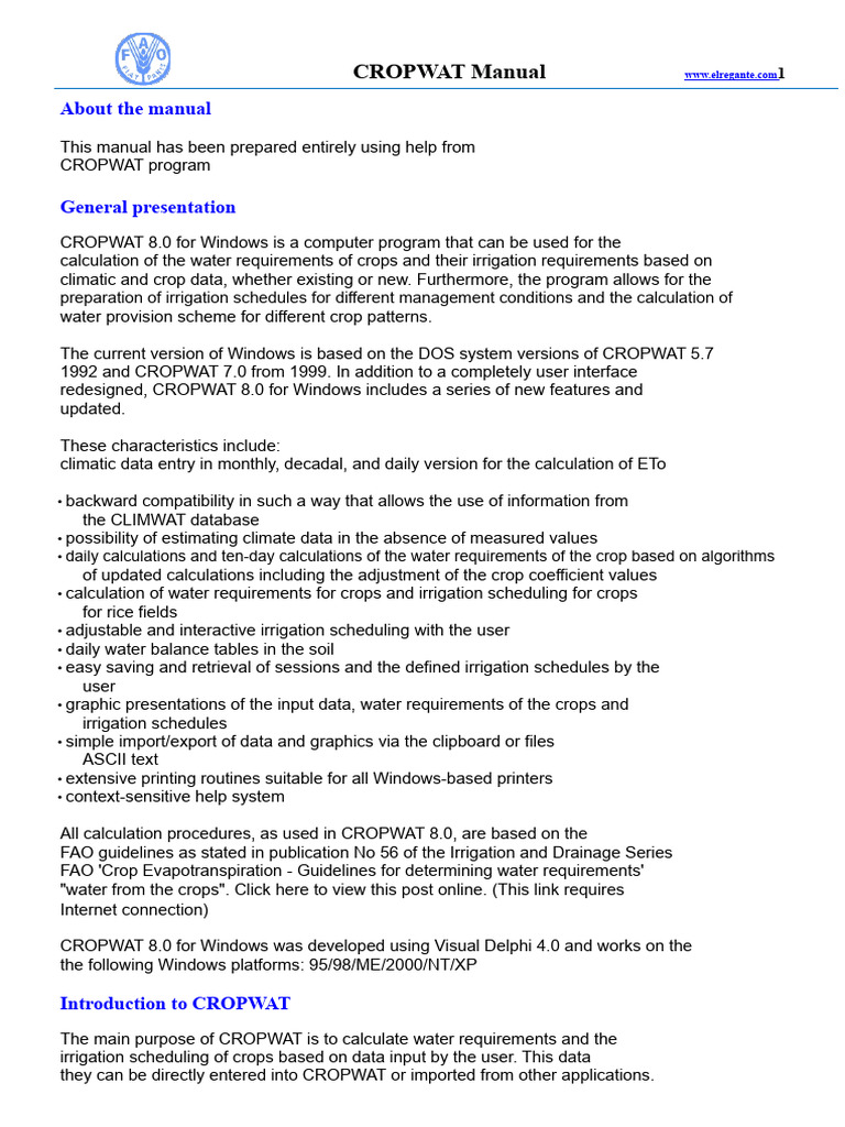 CROPWAT 8.0 User Manual for Irrigation | PDF | Evapotranspiration ...