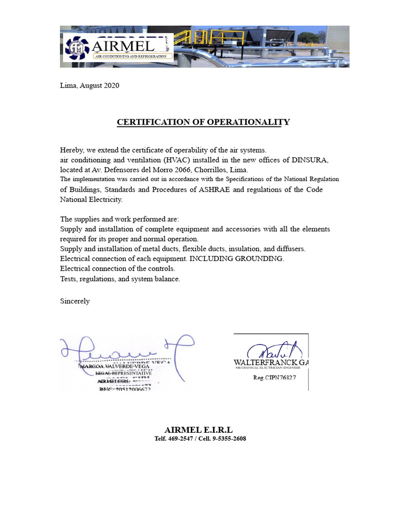 HVAC Operational Certificate | PDF