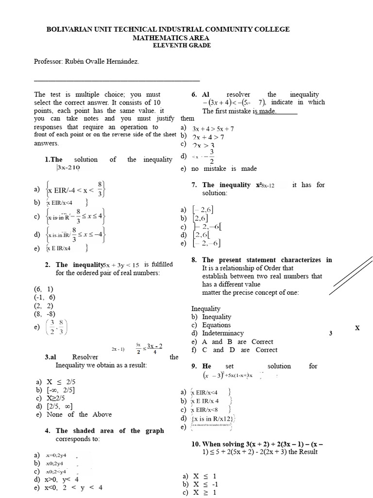 11th Grade Math Inequality Test | PDF | Multiple Choice | Inequality ...