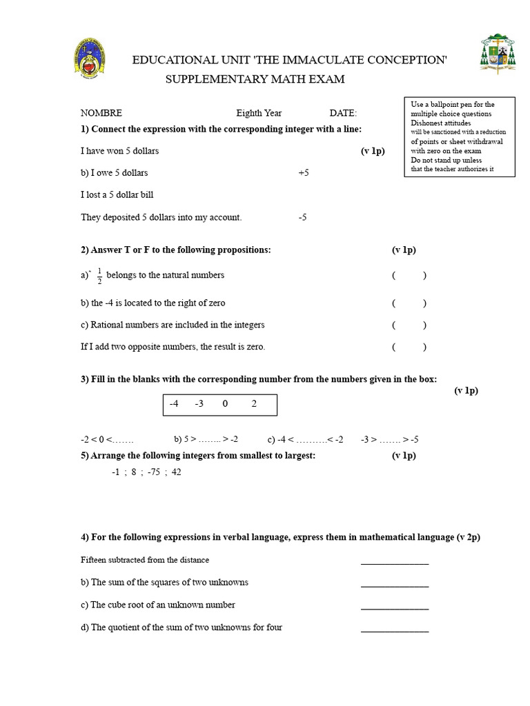 Eighth Supplementary Mathematics Exam | PDF | Question | Integer