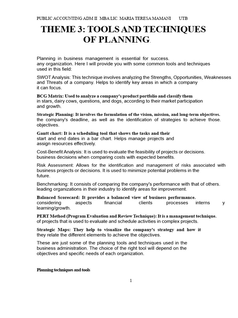 Business Planning Tools and Techniques | PDF | Project Management ...