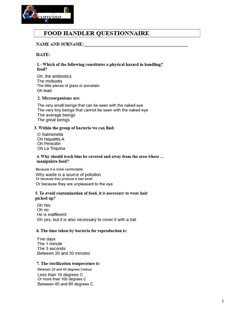 Food Handler Questionnaire | PDF | Foodborne Illness | Foods