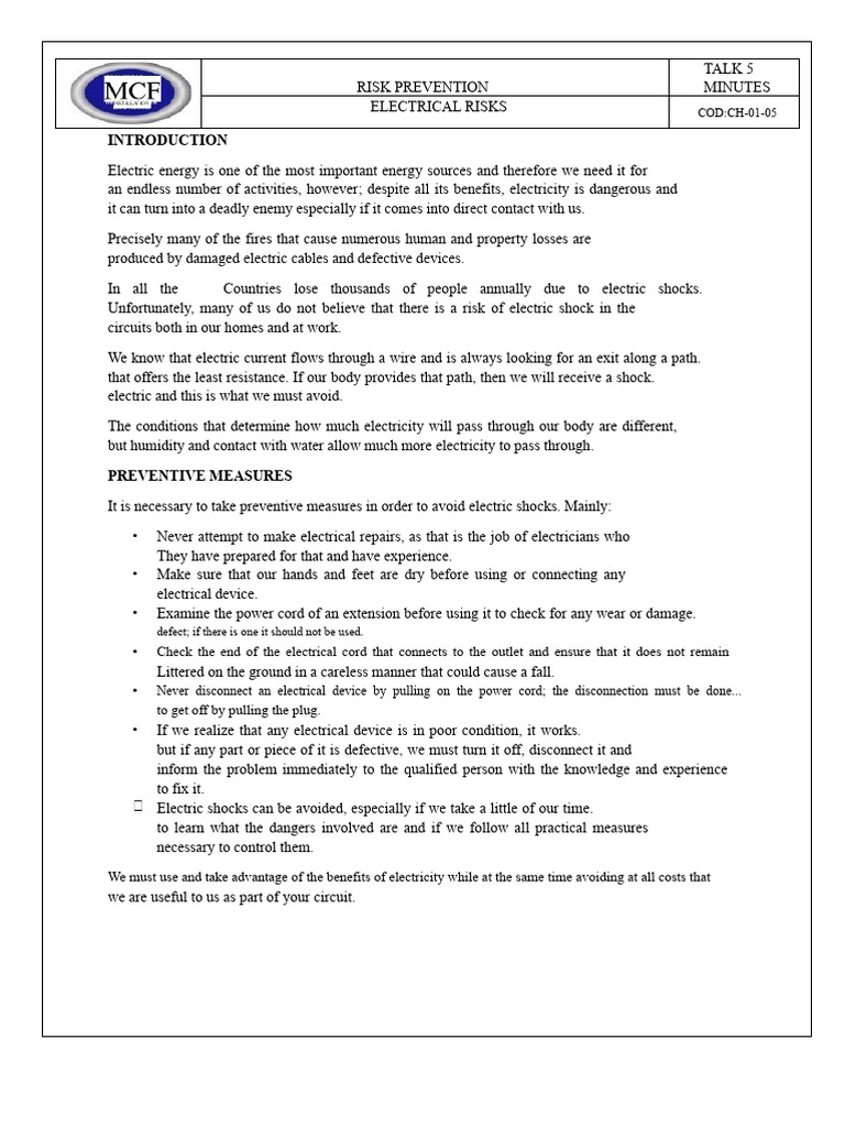 5-Minute Talk On Electrical Risks | PDF | Electricity | Electrical ...