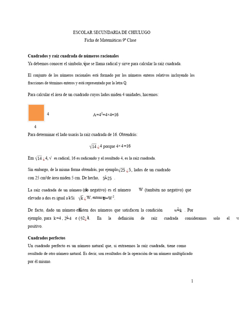 Cuadrados y Raíz Cuadrada de Números Racionales | PDF | Raíz cuadrada | Exponenciación