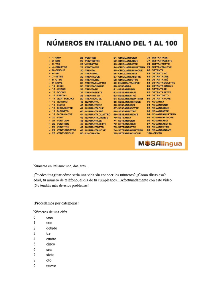 Números en italiano del 1 al 100 | PDF