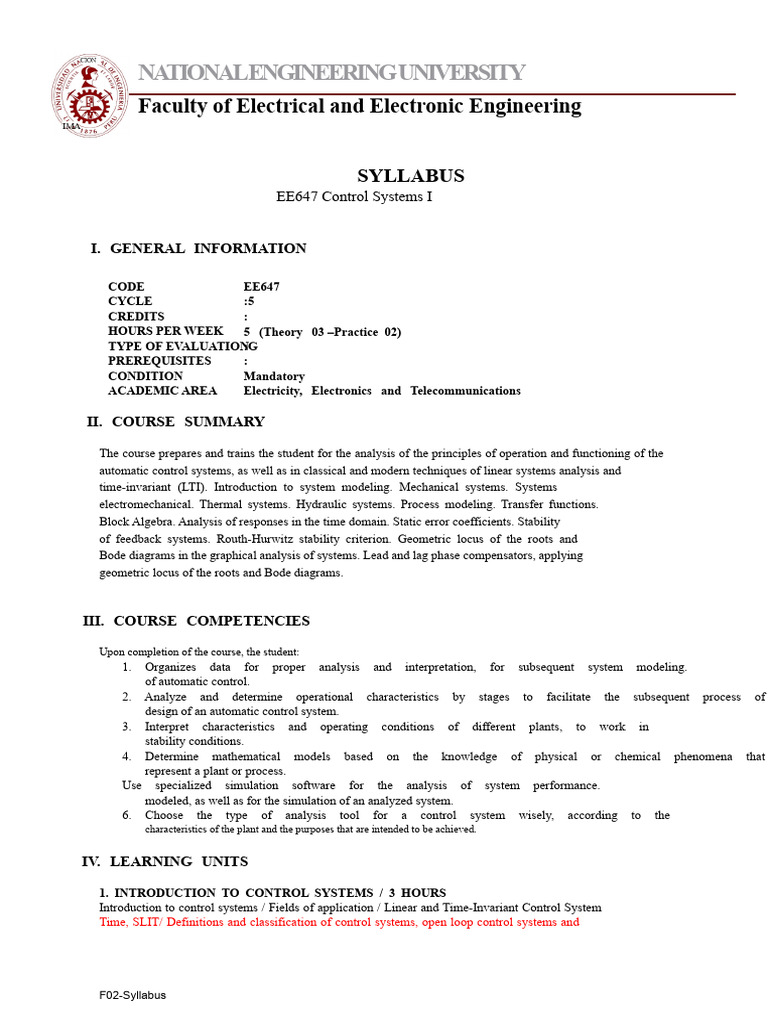 Control Systems I Syllabus - EE647 | PDF | Control Theory | Stability ...