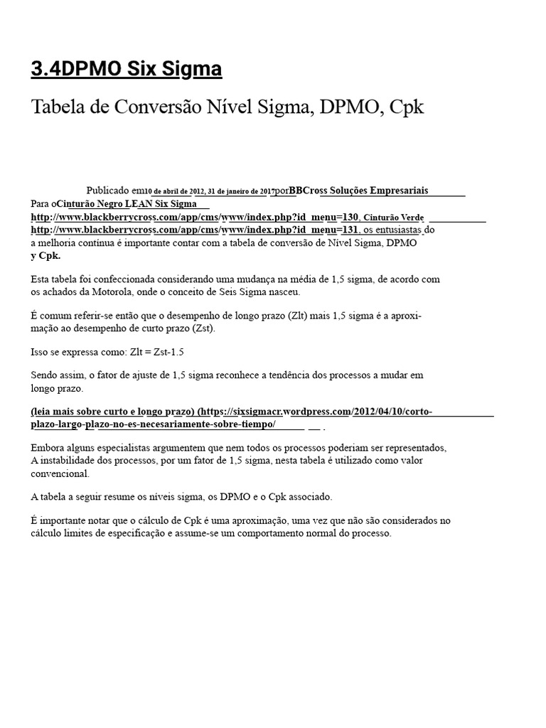 Tabela de Conversão Nível Sigma | PDF | Seis Sigma | Publicidade