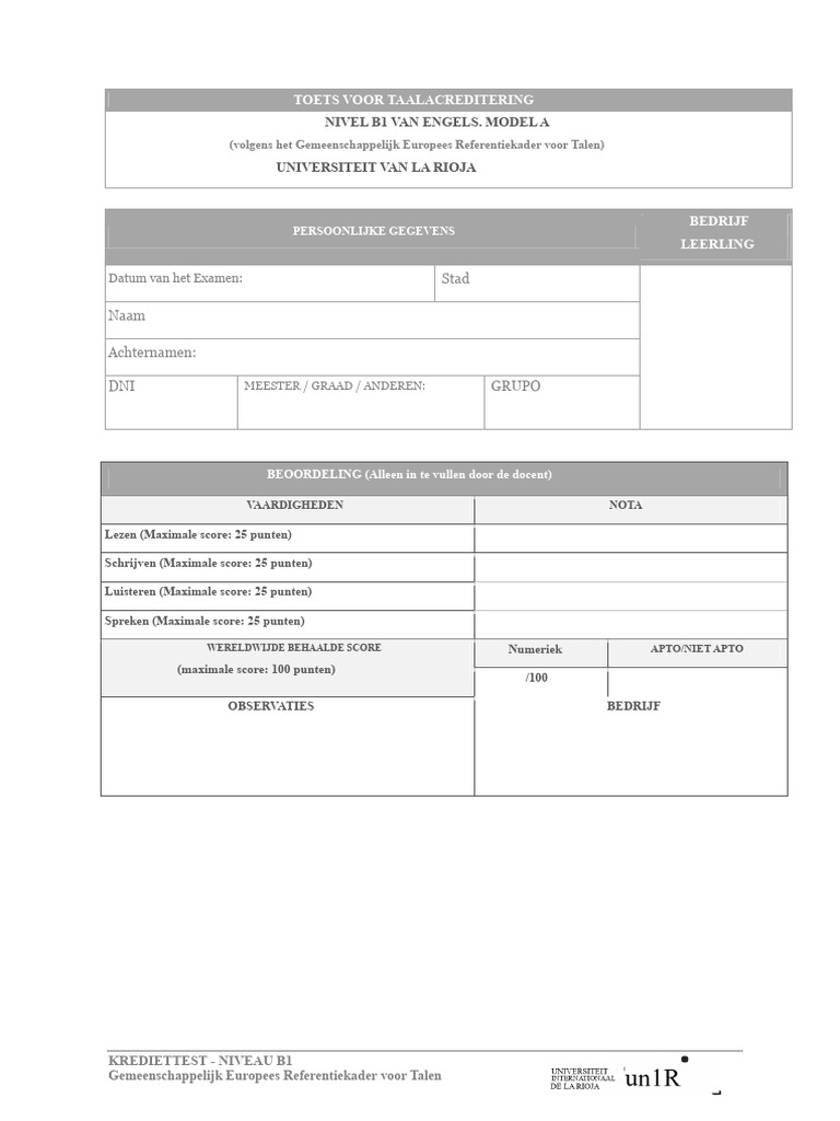 MODEL Examen Engels b1 | PDF