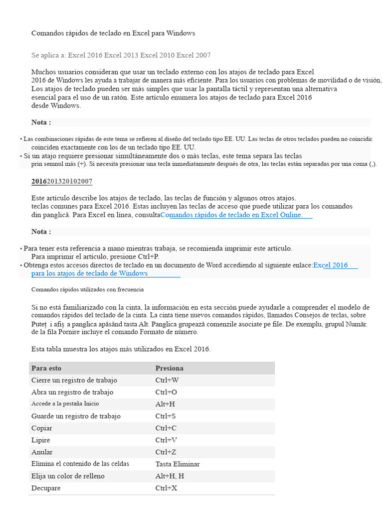 Atajos de Teclado en Excel 2016 para Windows | PDF | Microsoft Excel ...