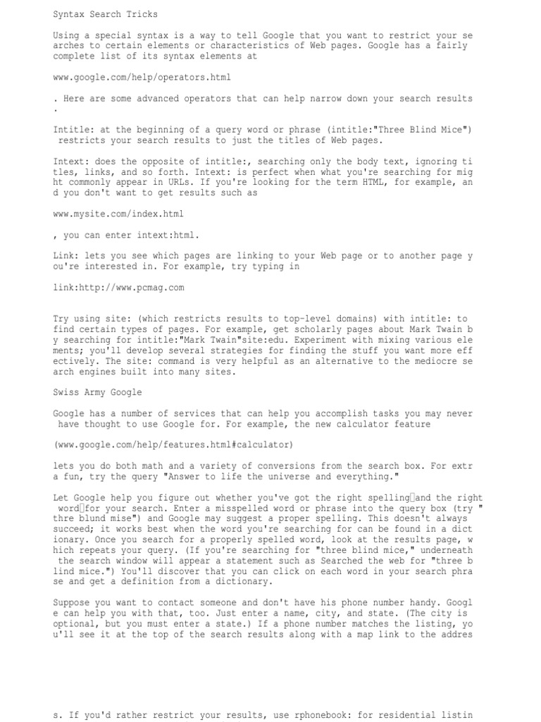 Syntax Search Tricks Using Google's Advanced Operators | PDF | Google ...