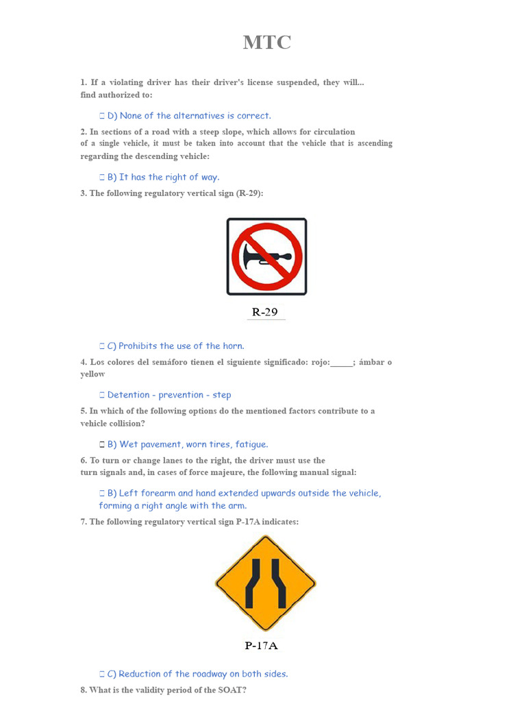 Questions From The MTC | PDF | Traffic | Driver's License