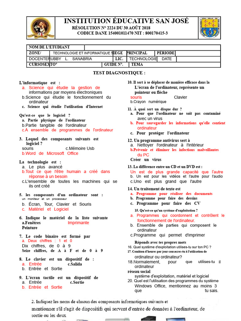 Test Diagnostique en Informatique 6ème | PDF | Informatique | Matériel ...
