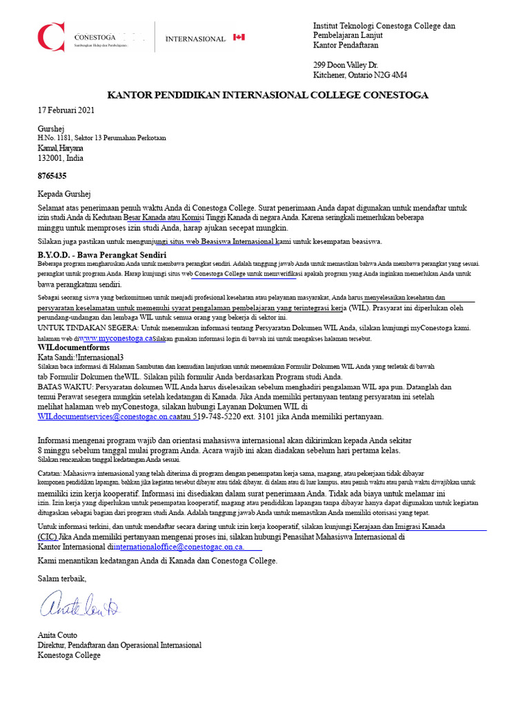 Surat Penawaran Conestoga College | PDF