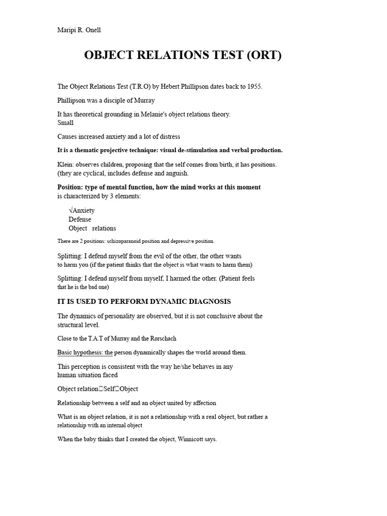 Object Relations Test | PDF | Object Relations Theory | Psychology