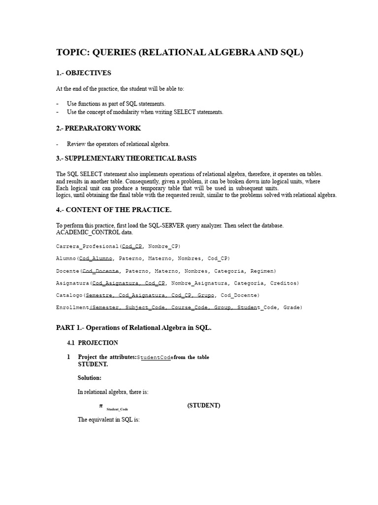 G - BD - 03 Relational Algebra Vs SQL | PDF | Computing | Databases
