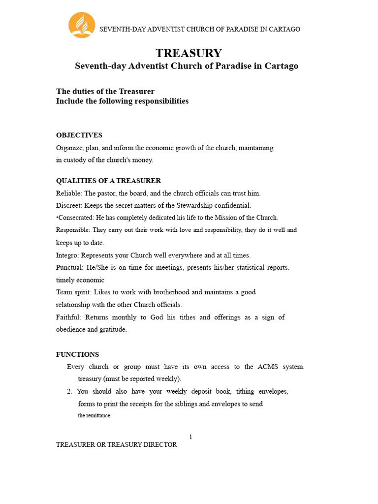Treasurer Responsibilities at SDA Cartago | PDF | Receipt | Banks