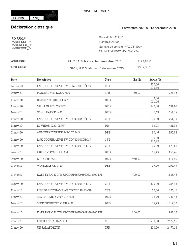 Relevé bancaire du 1er nov au 10 déc 2020 | PDF