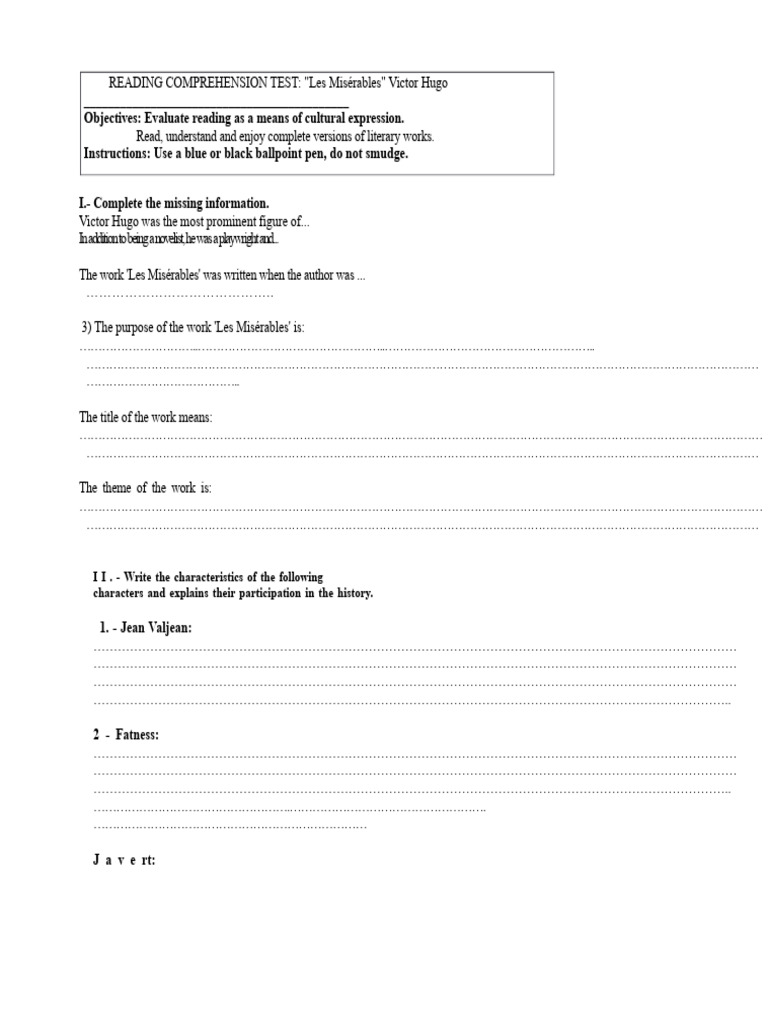Les Misérables Reading Comprehension Test | PDF | Cosette | Musical ...