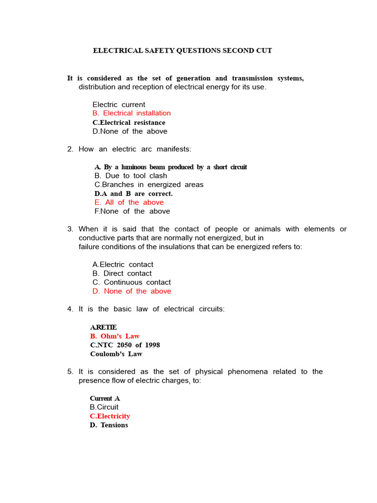 Electrical Safety Questions Second Cut PDF | PDF | Electricity | Voltage