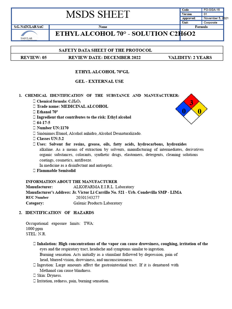 MSDS - Ethyl Alcohol 70ºgl | PDF | Ethanol | Combustion