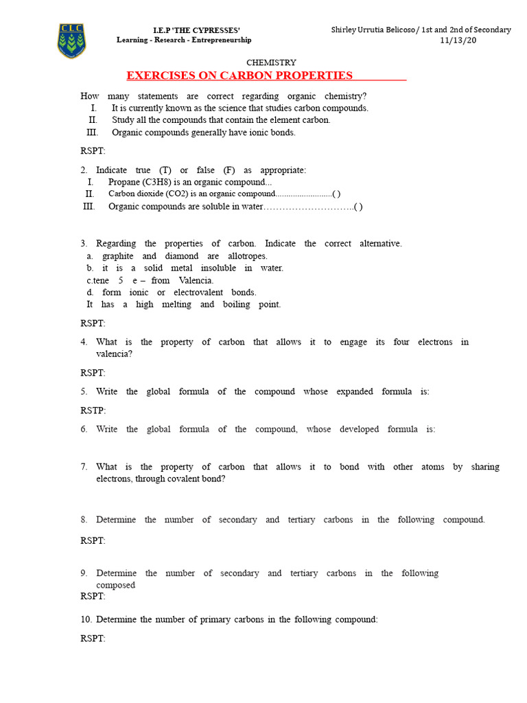 Exercises On The Properties of Carbon | PDF