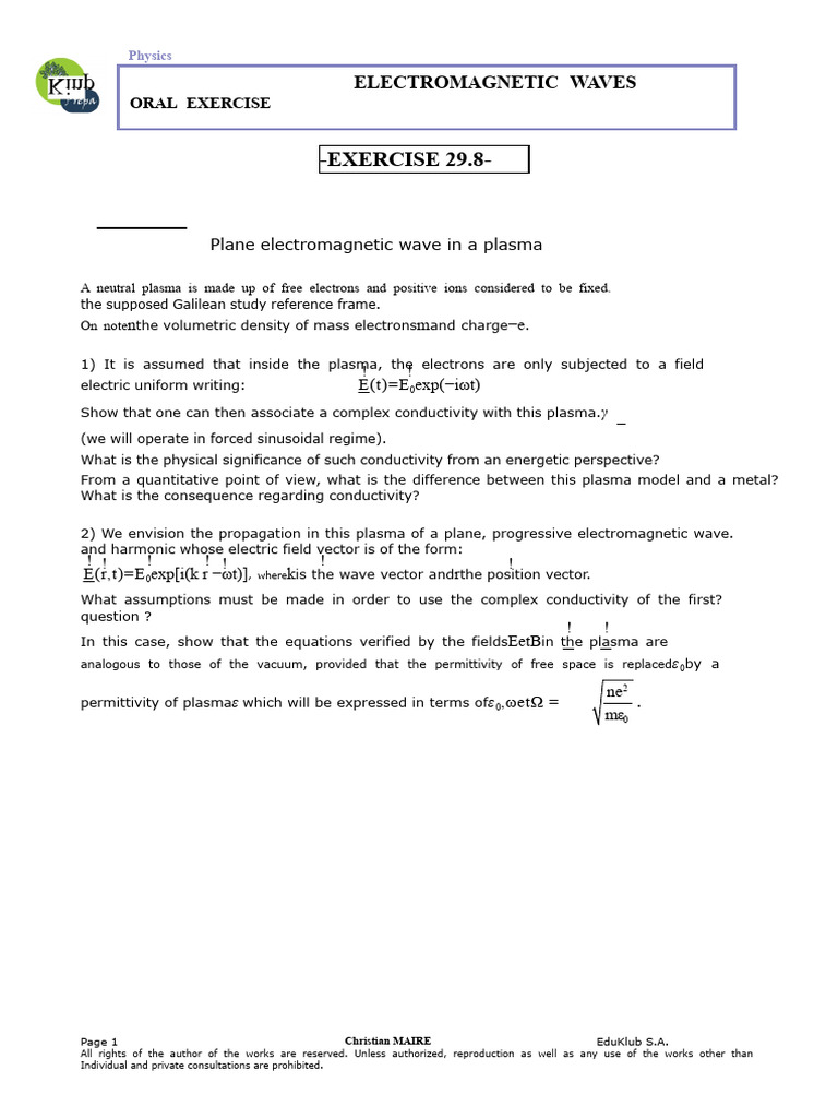 EXERCISE 29.8-: Electromagnetic Waves | PDF | Waves | Electrical ...