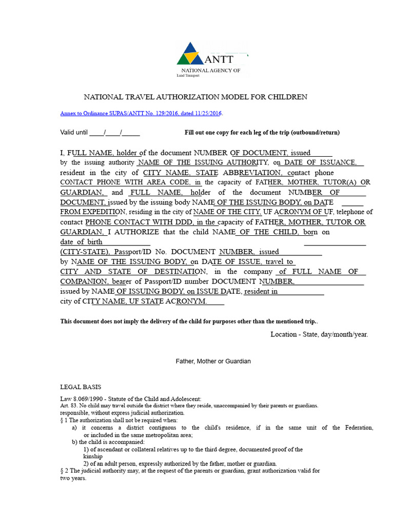 National Travel Authorization Model For Children. | PDF