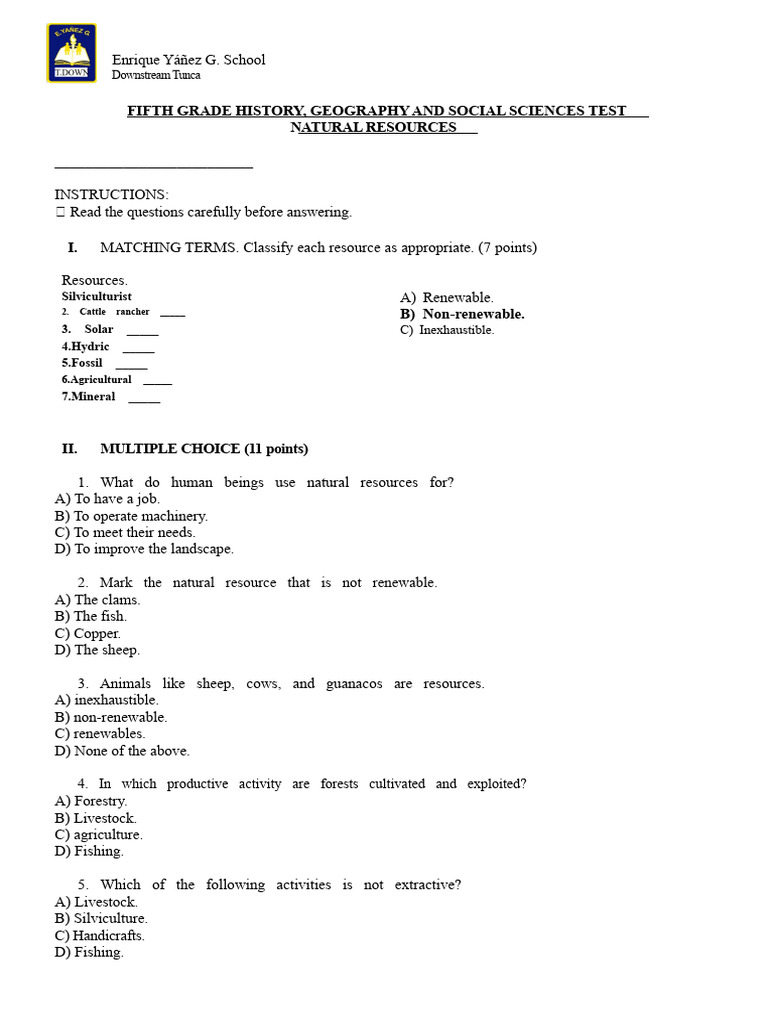 Fifth Grade Natural Resources Test | PDF | Nature | Earth Sciences