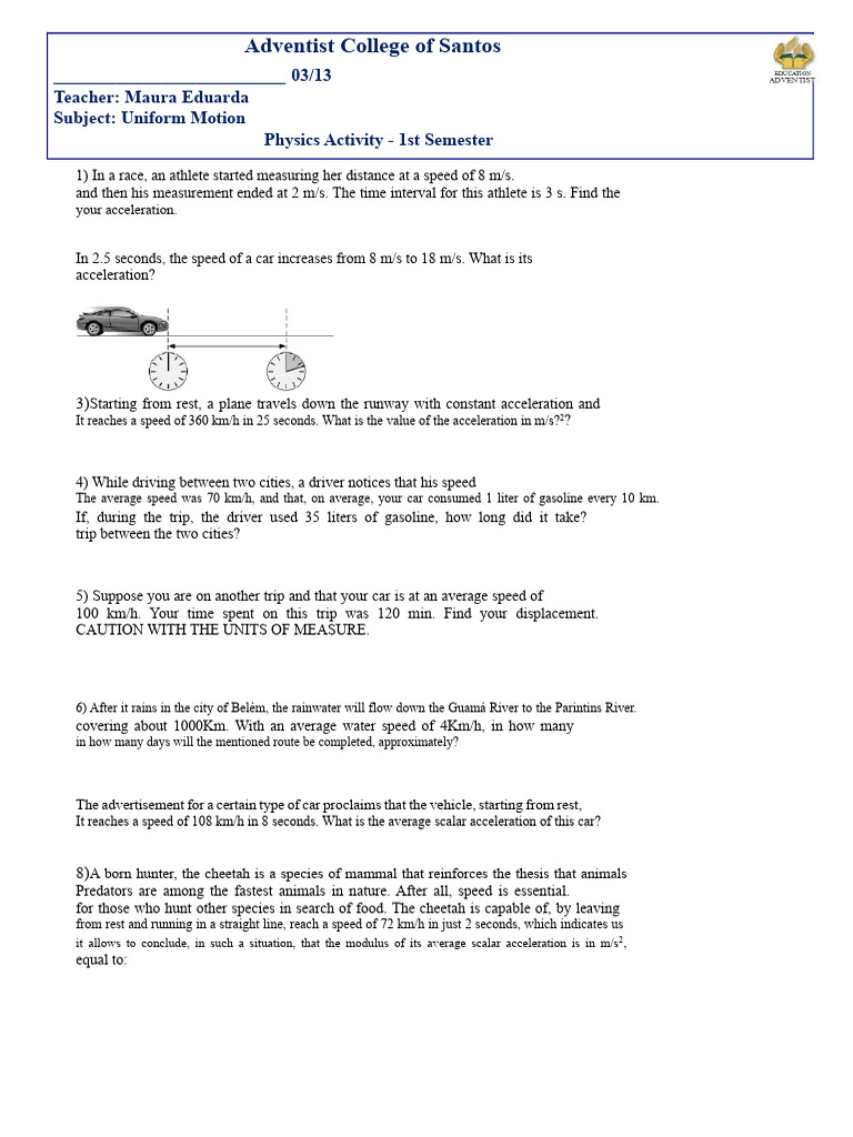 Uniform Motion Activity - 9th Grade | PDF