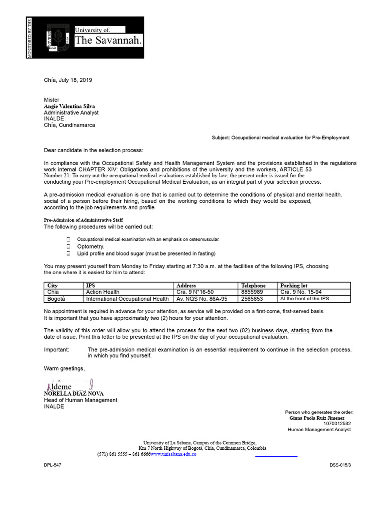Format Order For Carrying Out The Pre-Admission Medical Exam | PDF ...
