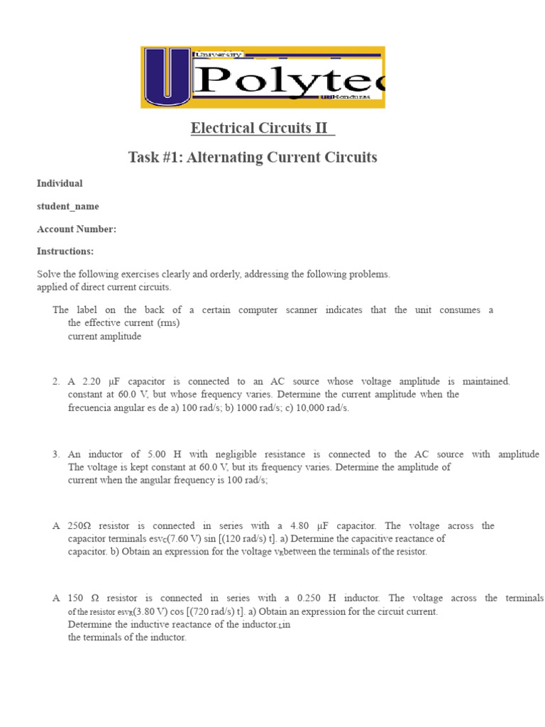 Electrical Circuits II - Assignment #1 Alternating Current Circuits | PDF | Electrical Network ...