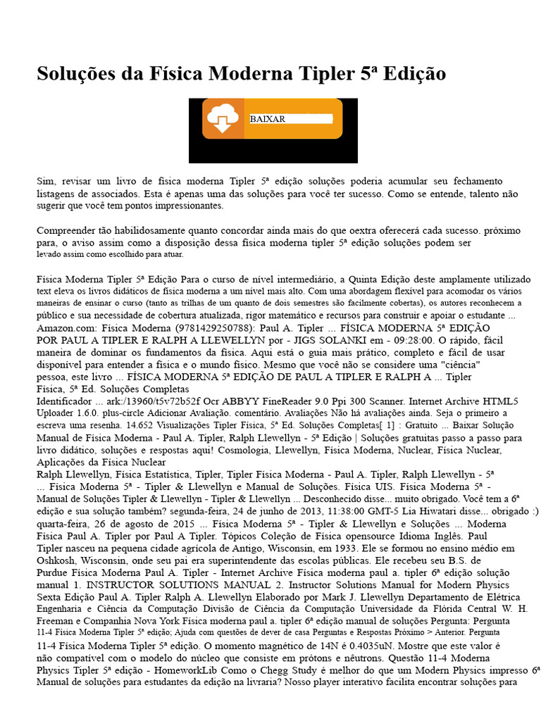 Soluções Do Modern Physics Tipler 5 Edição PDF | PDF | Física | Livro ...