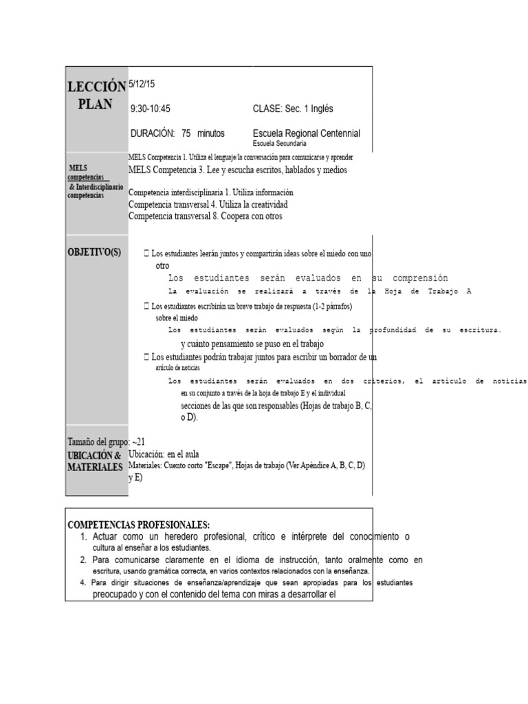Plan de Lección de Cuento Corto | PDF | Enseñando | Aprendizaje