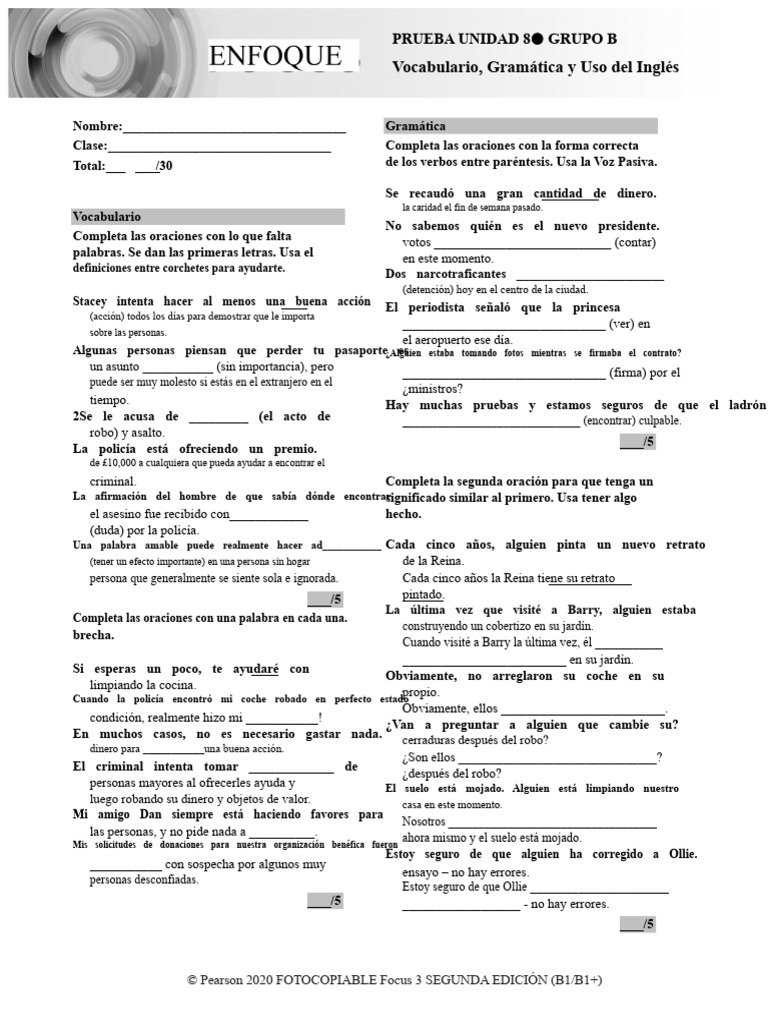 Enfoque3 2E Prueba Unidad Vocabulario Gramática UoE Unidad8 GrupoB ...