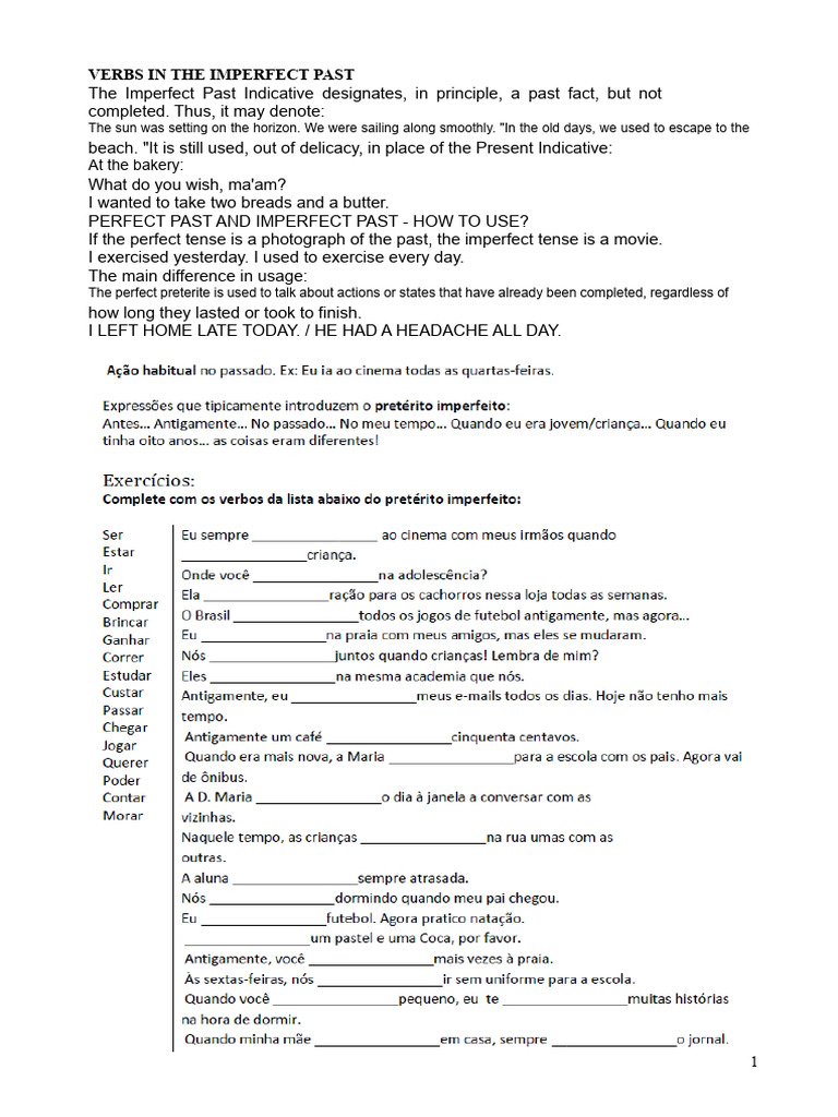 Verbs of The Imperfect and Perfect Past Tense | PDF | Grammatical Tense ...