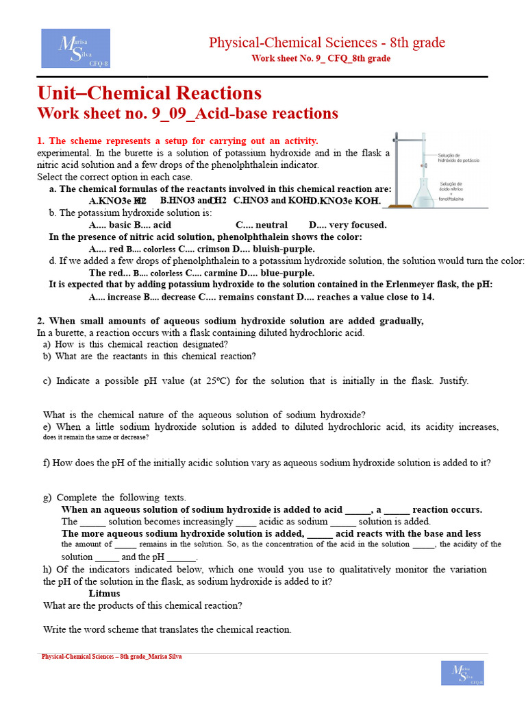 Work Sheet No. 9 - 09 - Acid-Base Reactions | PDF | Acid | Hydroxide