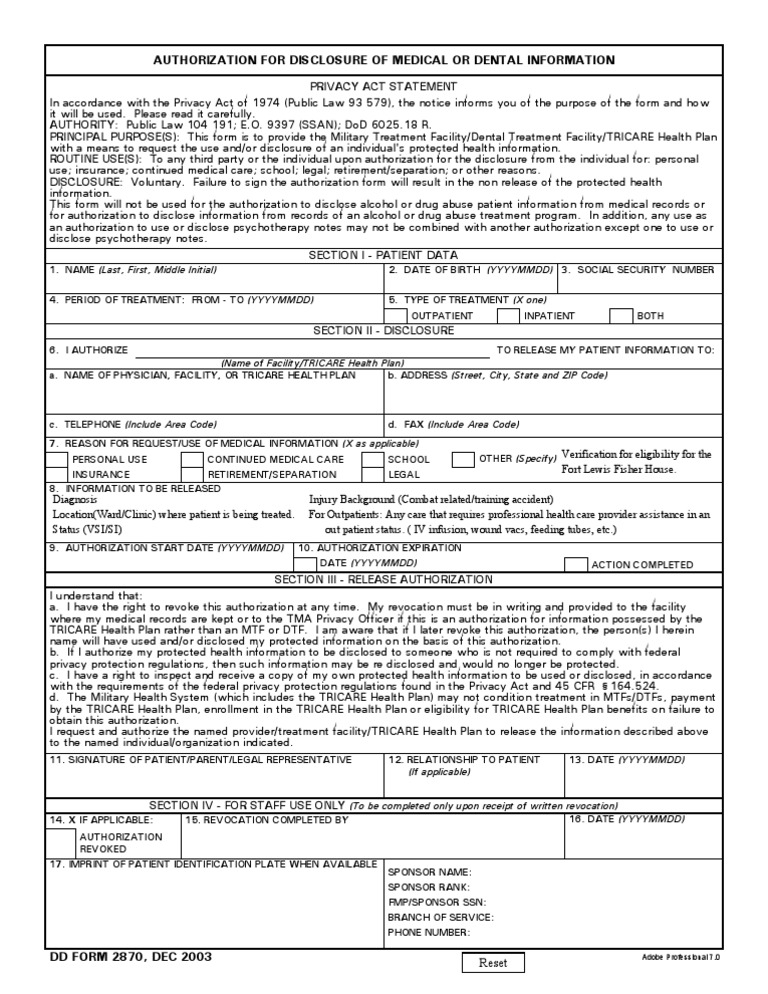 DD2870 Disclosure of Medical | PDF | Patient | Medical Record