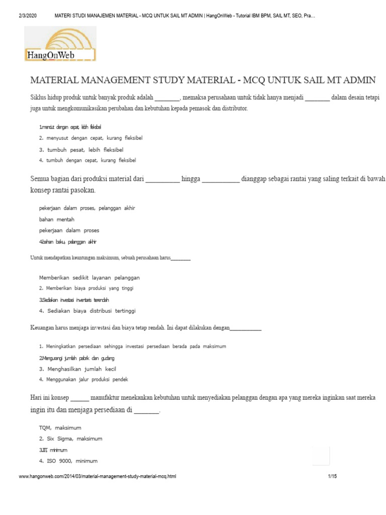 Materi Studi Manajemen Material - MCQ | PDF