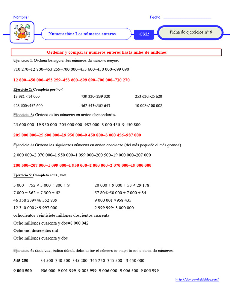 Ficha Ejercicio 6 Comparar y Ordenar Números Enteros Corrección | PDF