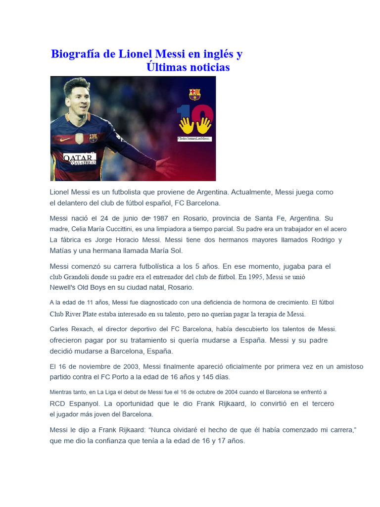 Biografía de Lionel Messi en Inglés y Su Traducción Más Reciente. | PDF ...