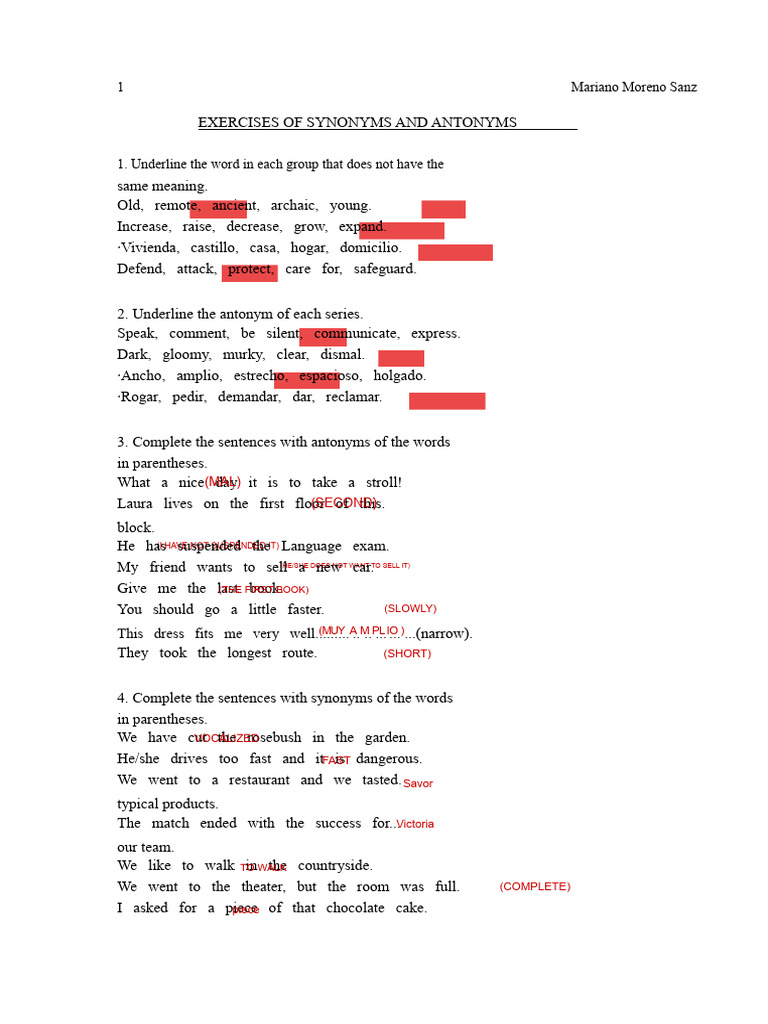 Exercises of Synonyms and Antonyms. (PRE 1) | PDF | Semantics | Lexicology
