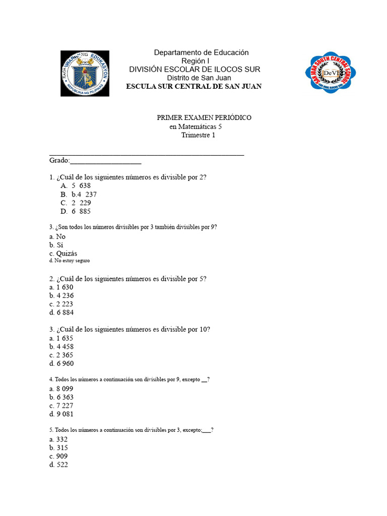 1er Examen Periódico en Matemáticas 5 | PDF | Álgebra abstracta ...