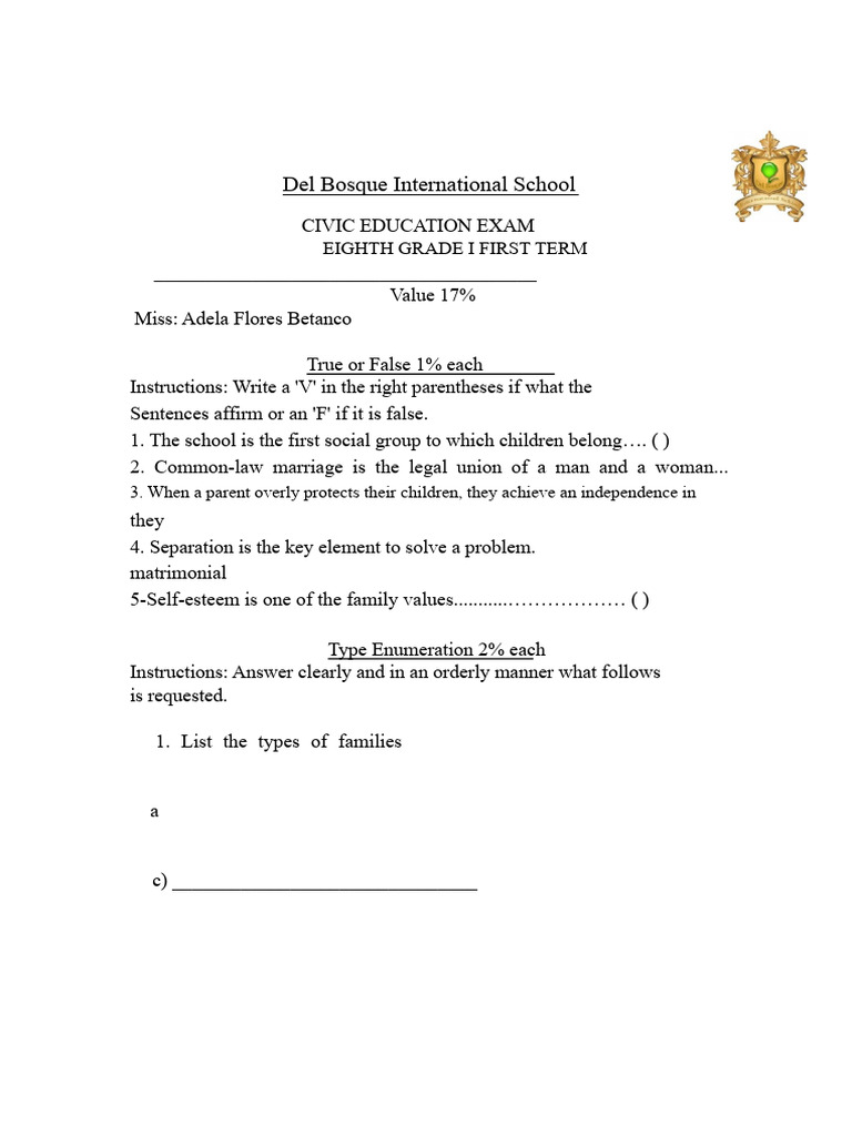 Civics Exam Eighth Grade 2018 | PDF