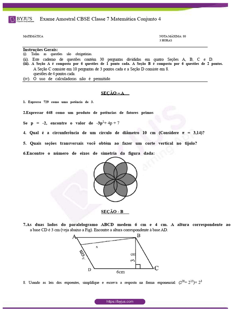 CBSE Prova Amostra Classe 7 Matemática Conjunto 4 | PDF | Matemática | Pi