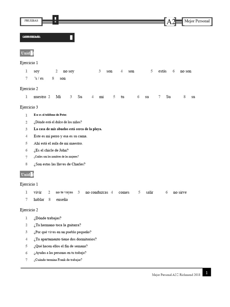 Clave de Respuestas de Pruebas de Gramática Personal - Best - A2 | PDF ...