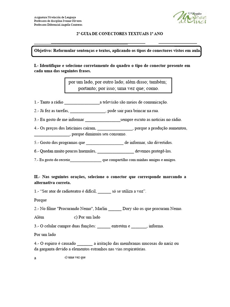 Guia de Conectores Textuais para 1º Ano | PDF | Cometa | Sol