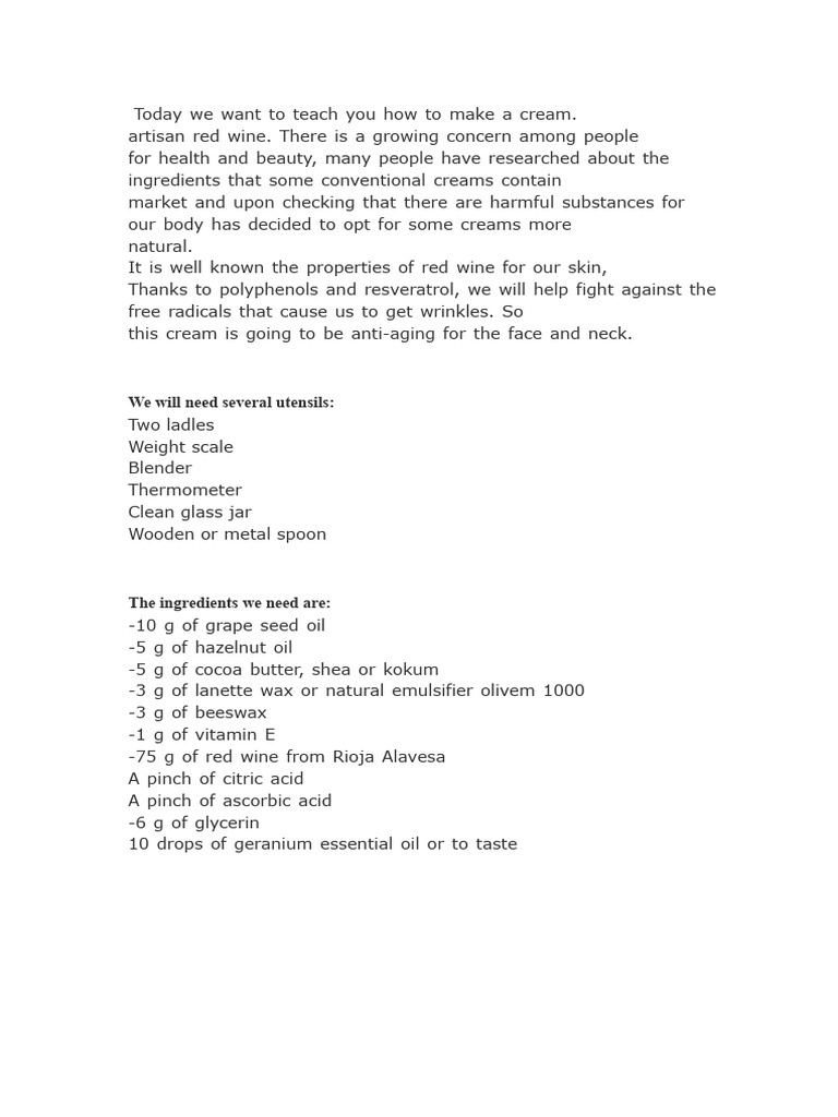 DIY Anti-Aging Red Wine Cream Recipe | PDF | Wine | Oil