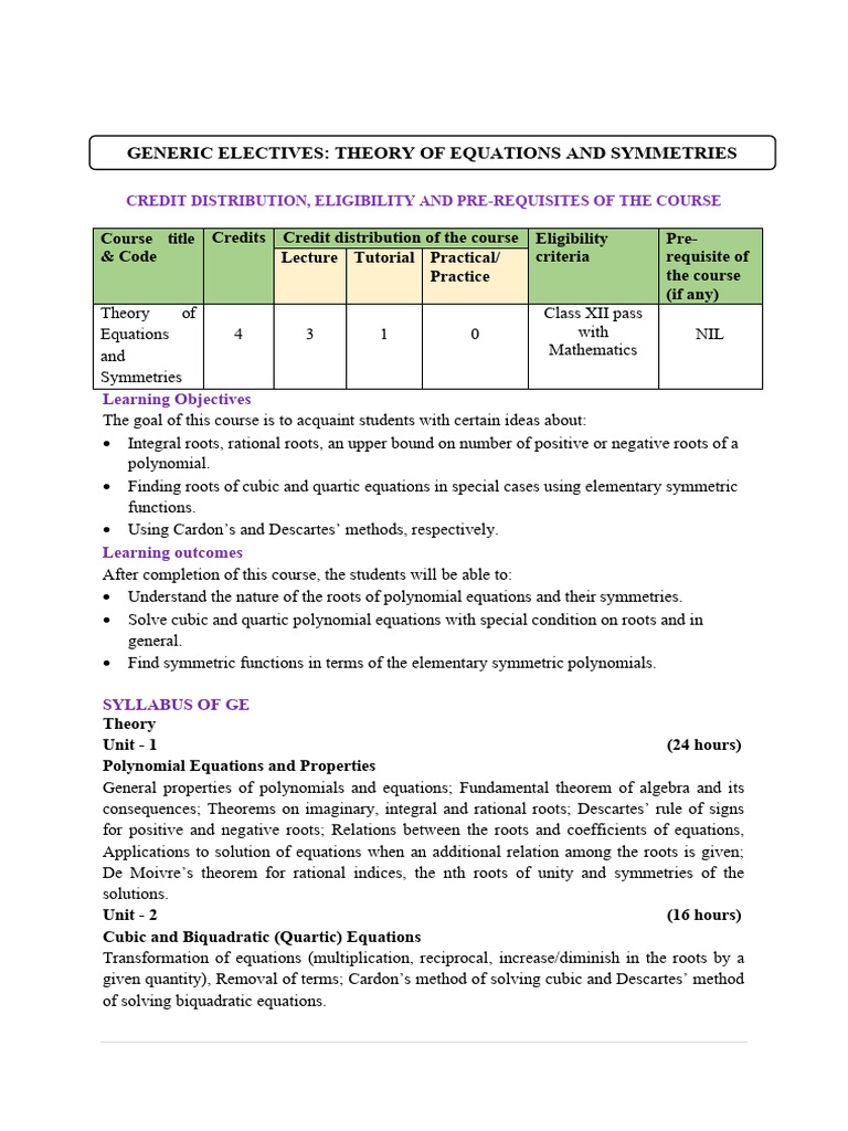 Theory of Equations and Symmetries | PDF | Equations | Mathematical Relations